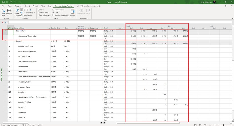 Planning the budget and the cost for risks in MS Project Pro