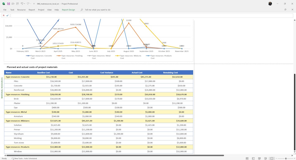 Material resources report in MS Project Pro