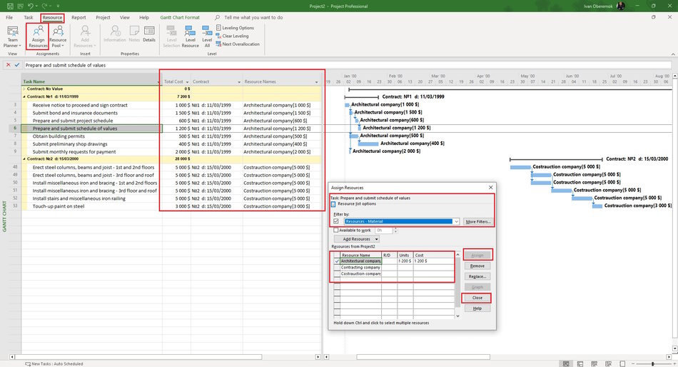 Contractors planning using material type resources in MS Project Pro