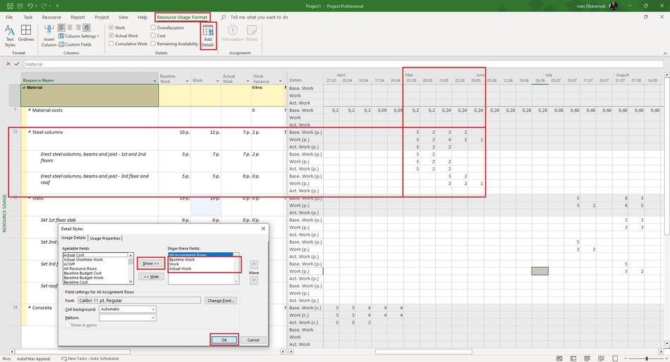 Setting actual material resources in MS Project Pro